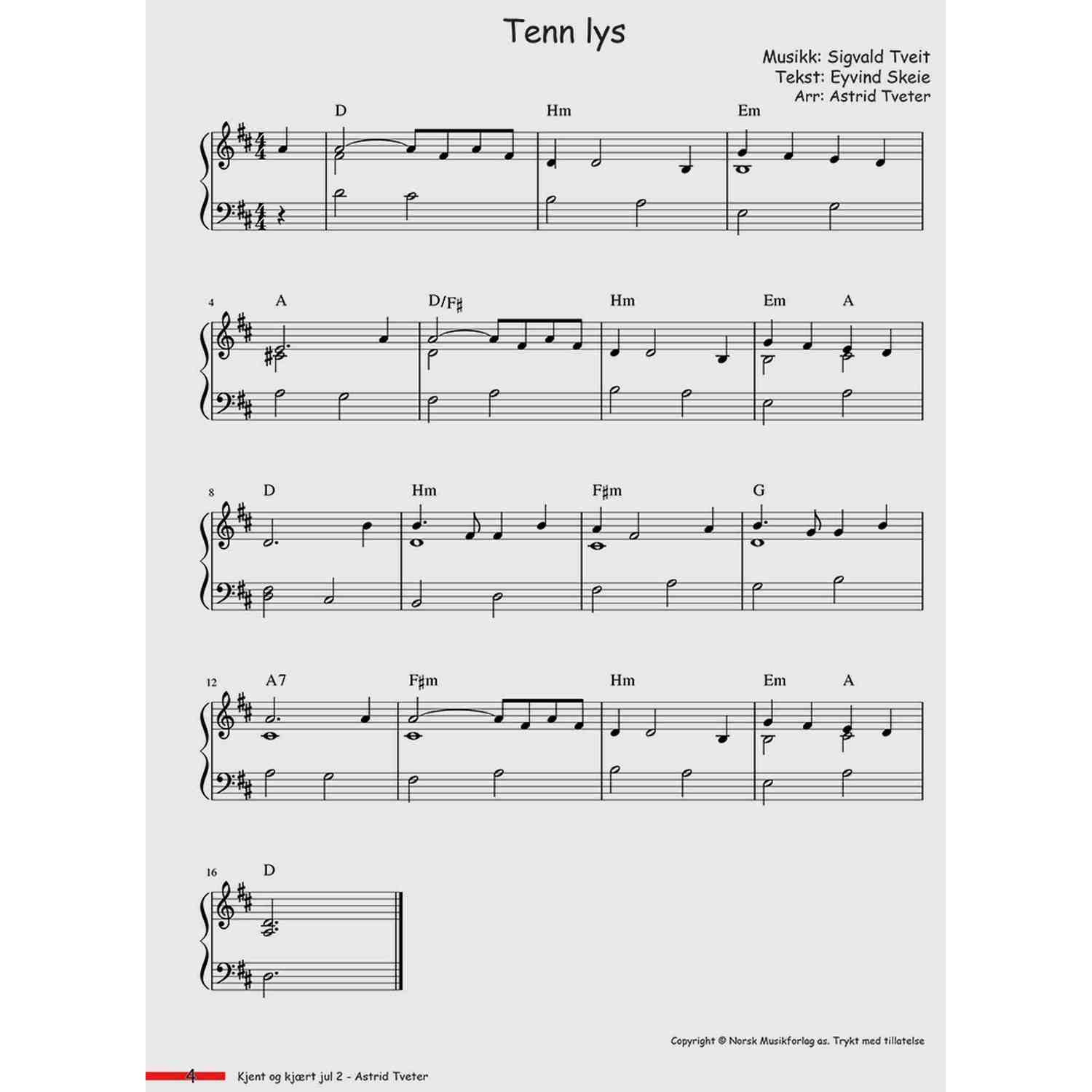 Kjent og kjært Julesanger, Astrid Tveter. Piano Nivå 2|Musikk-Miljø
