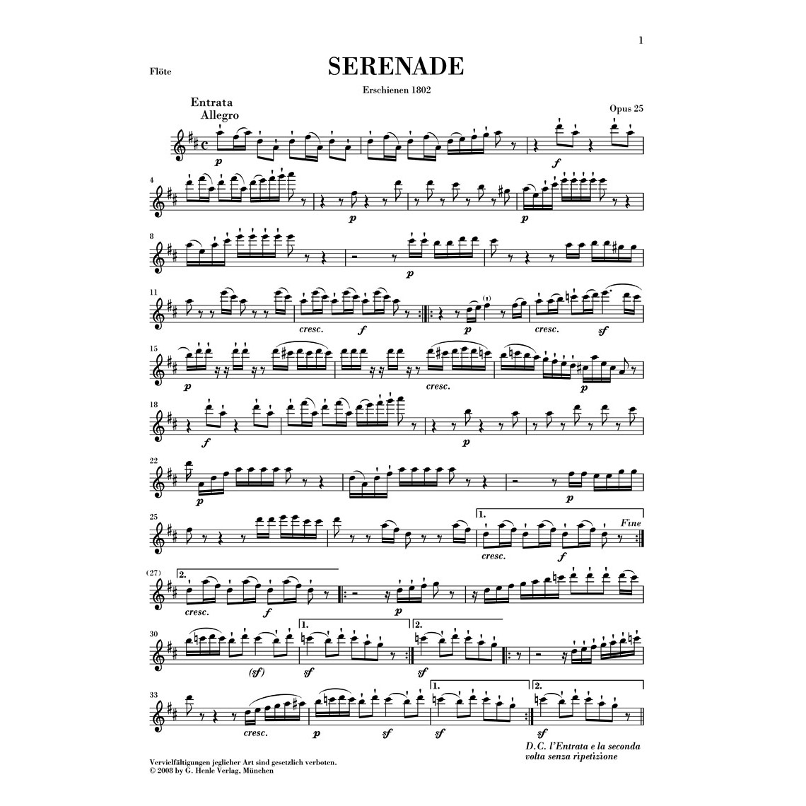Serenade for Flute, Violin and Viola in D major op. 25, Ludwig van ...